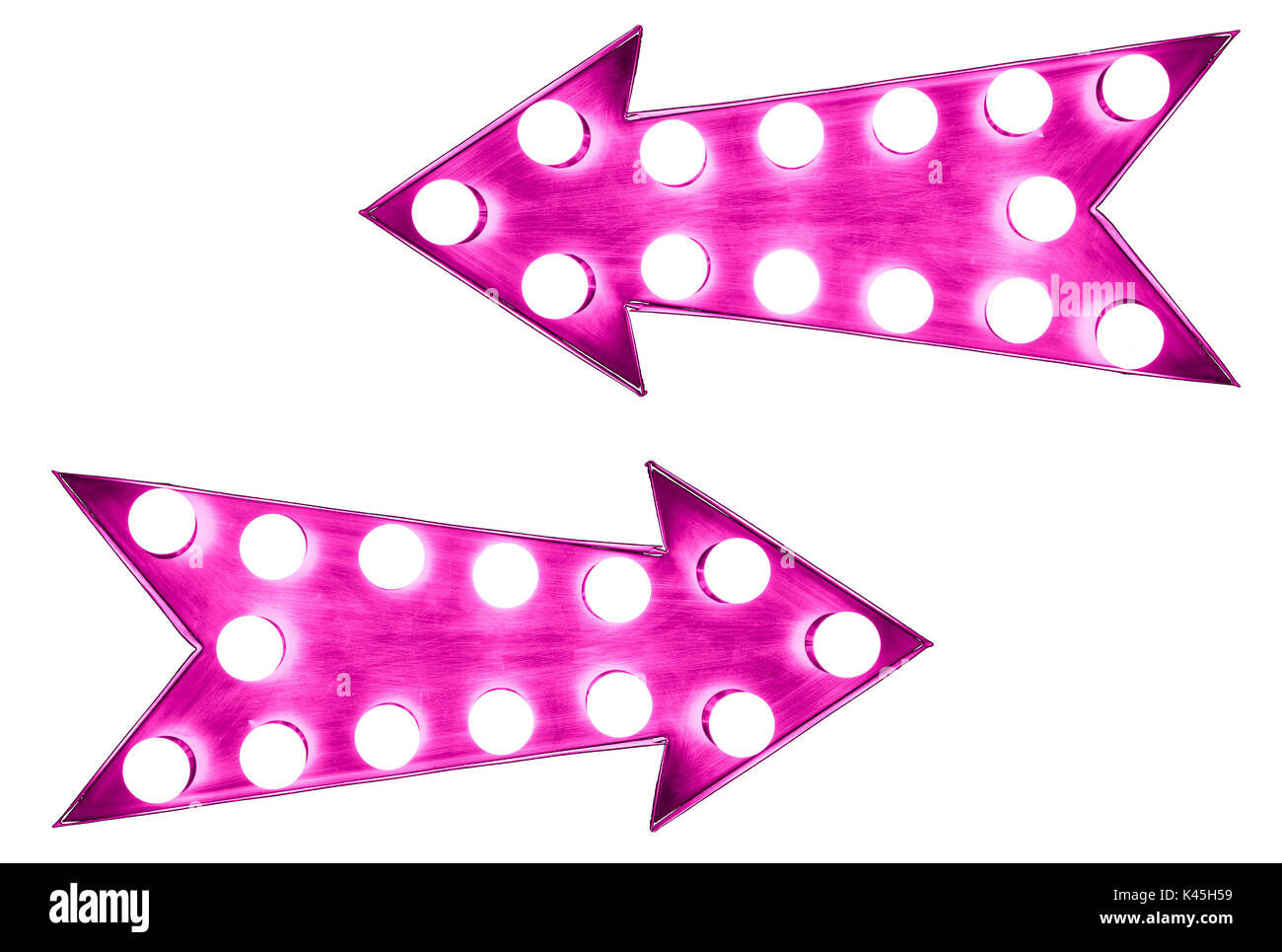 Two pink vintage bright and colorful illuminated metallic display arrow ...
