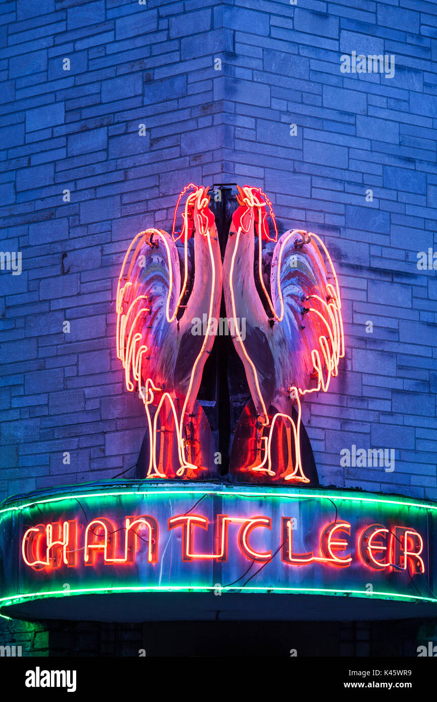 USA, New York, Finger Lakes Region, Ithaca, Chanticleer Bar, neon sign ...