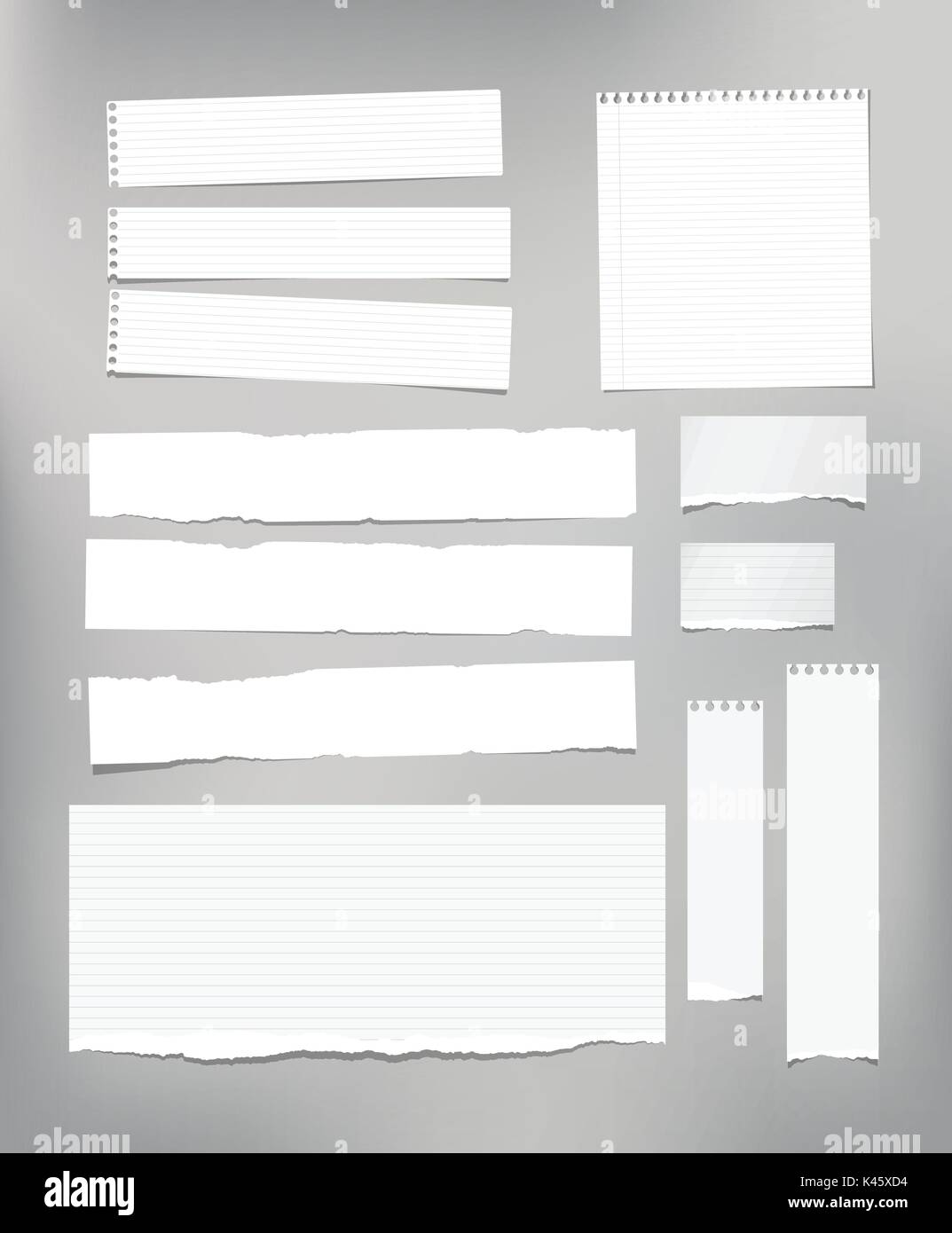 White striped note paper, copybook, notebook sheet stuck on light gray ...