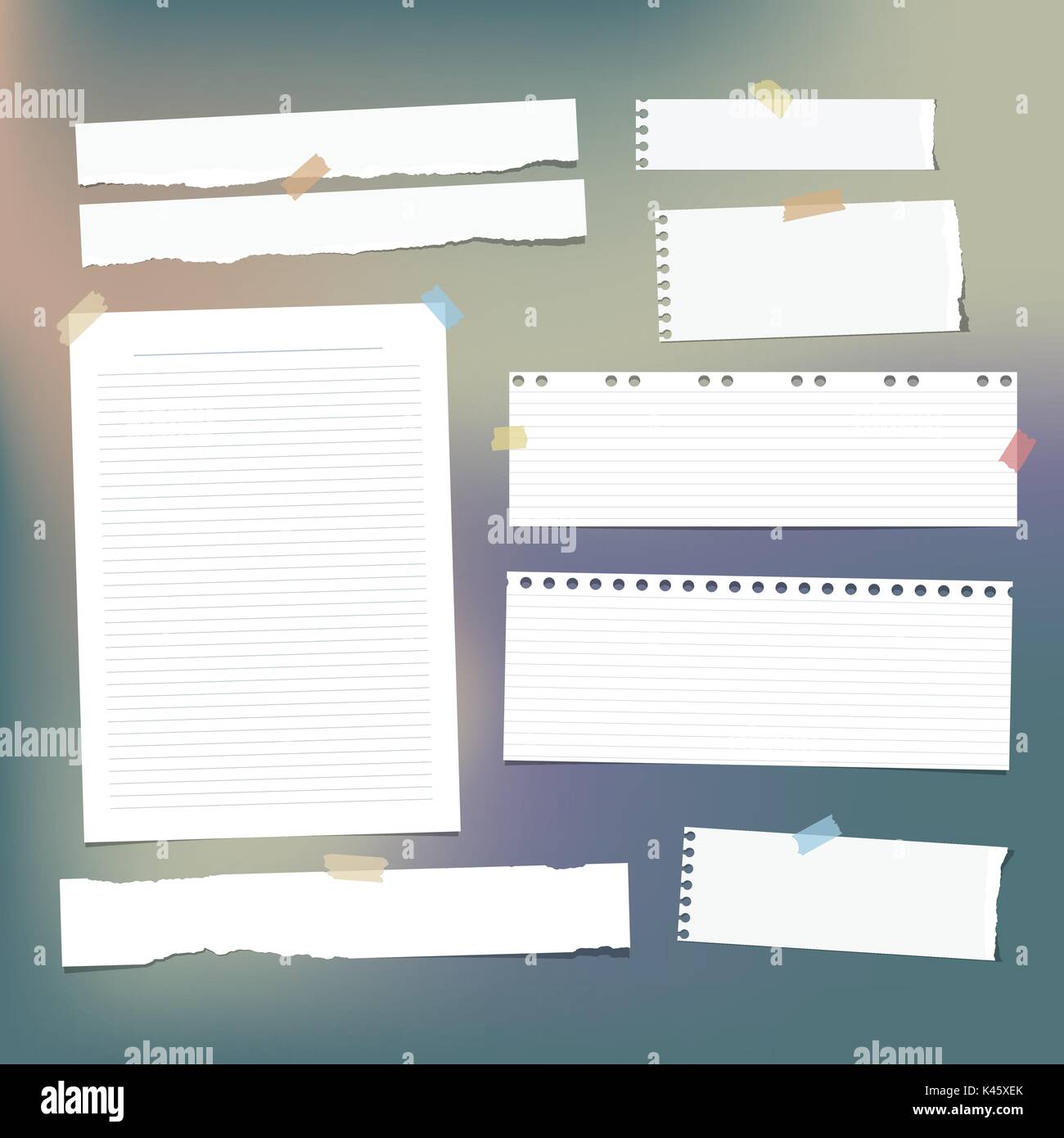 White striped note paper, copybook, notebook sheet stuck with adhesive ...