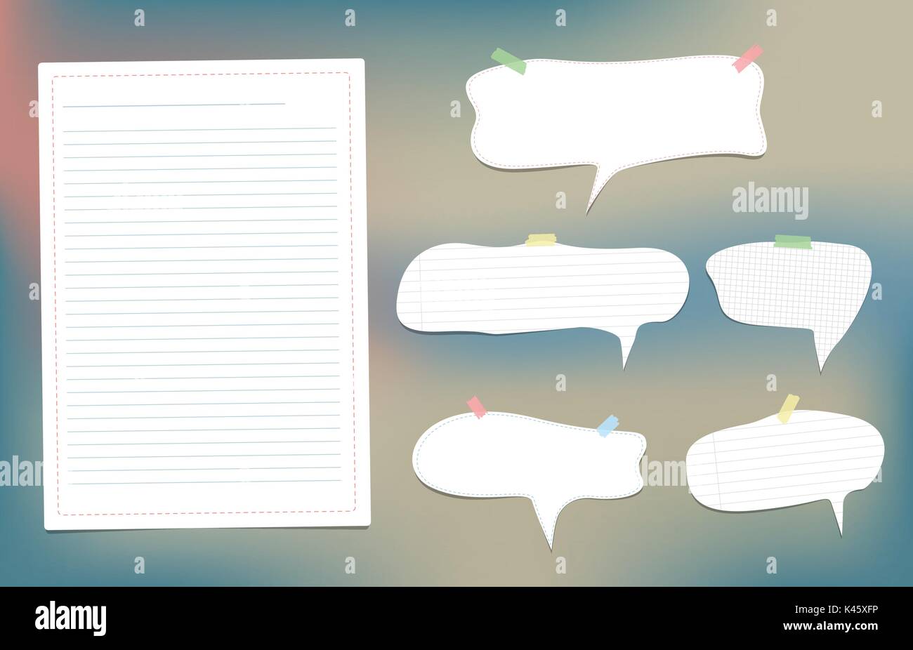 White speech bubbles note, copybook, notebook paper with dashed line ...