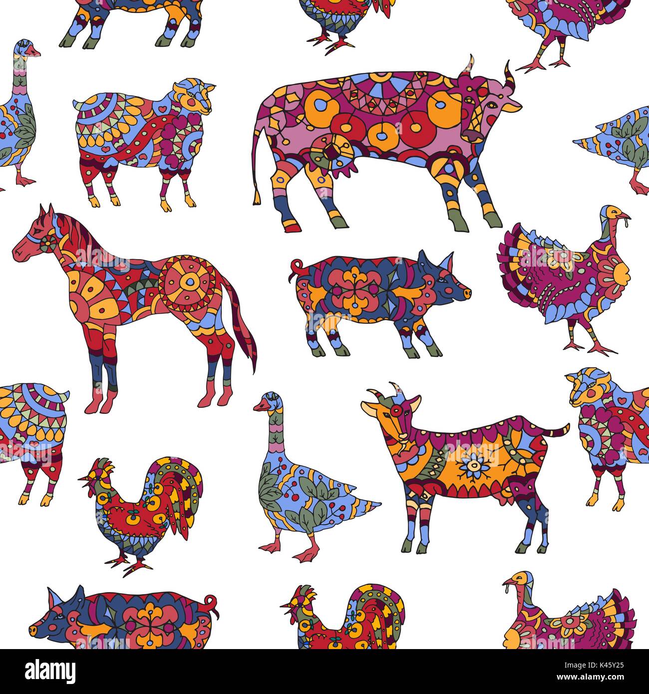 Seamless pattern based on farm animals decorated in ethnic style Stock ...