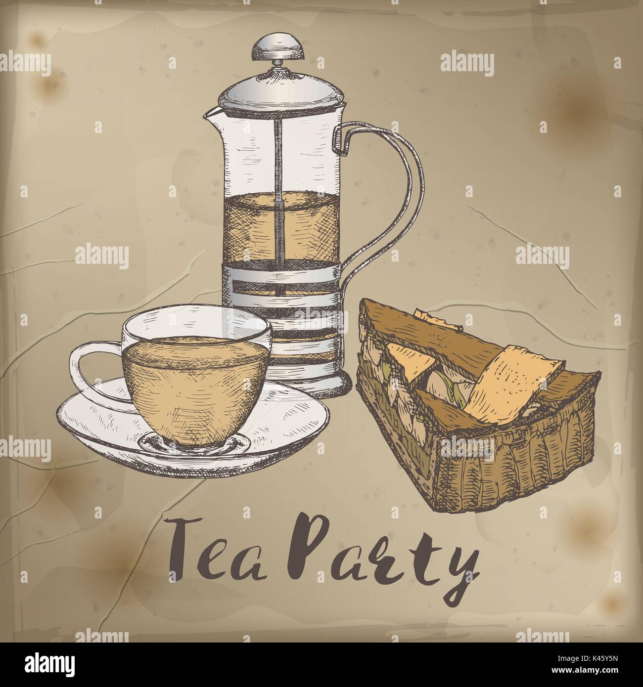 Color tea press, cup and pie slice sketch placed on vintage background ...