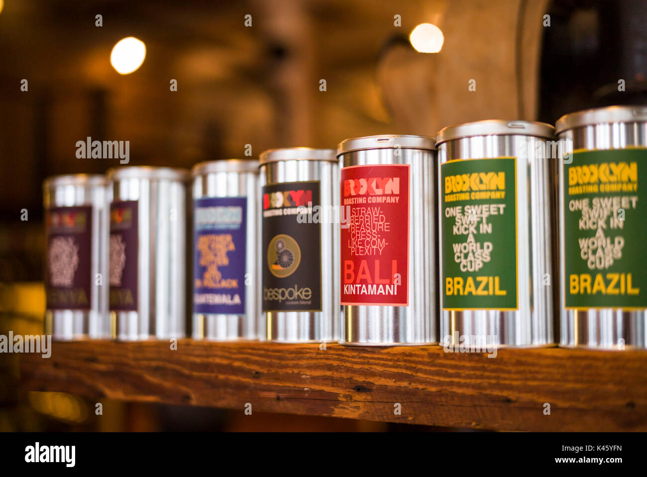 USA, New York, New York City, Brooklyn-Dumbo, coffee shop, coffee cans ...