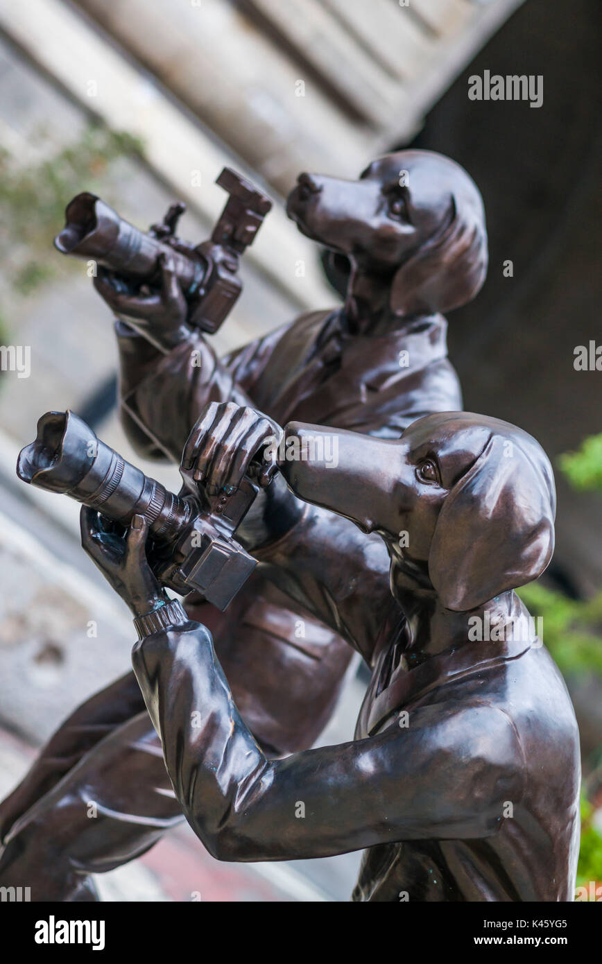 USA, New York, New York City, Brooklyn-Dumbo, Paparazzi Dogs sculpture ...