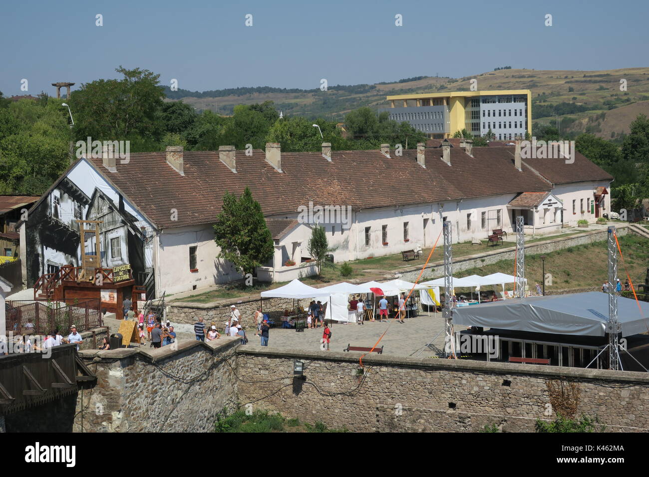 Elevated view at Hunedoara city from a balcony of Corvin castle ...
