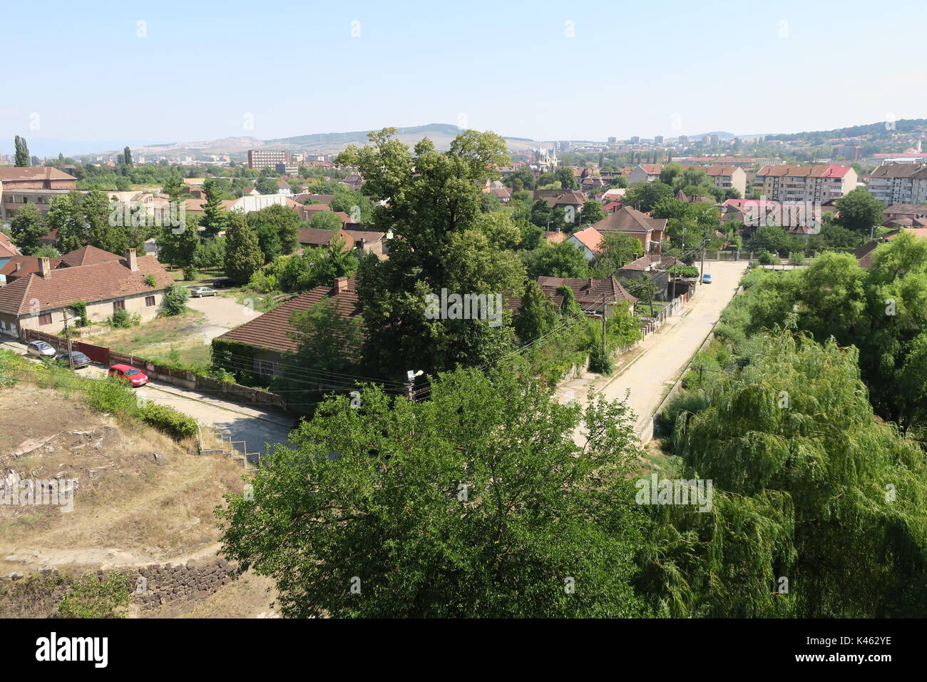 Elevated view at Hunedoara city from a balcony of Corvin castle ...
