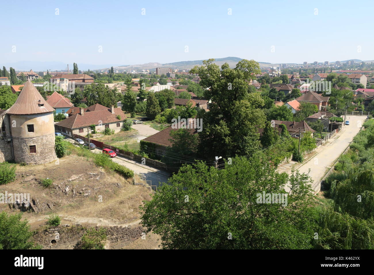 Elevated view at Hunedoara city from a balcony of Corvin castle ...