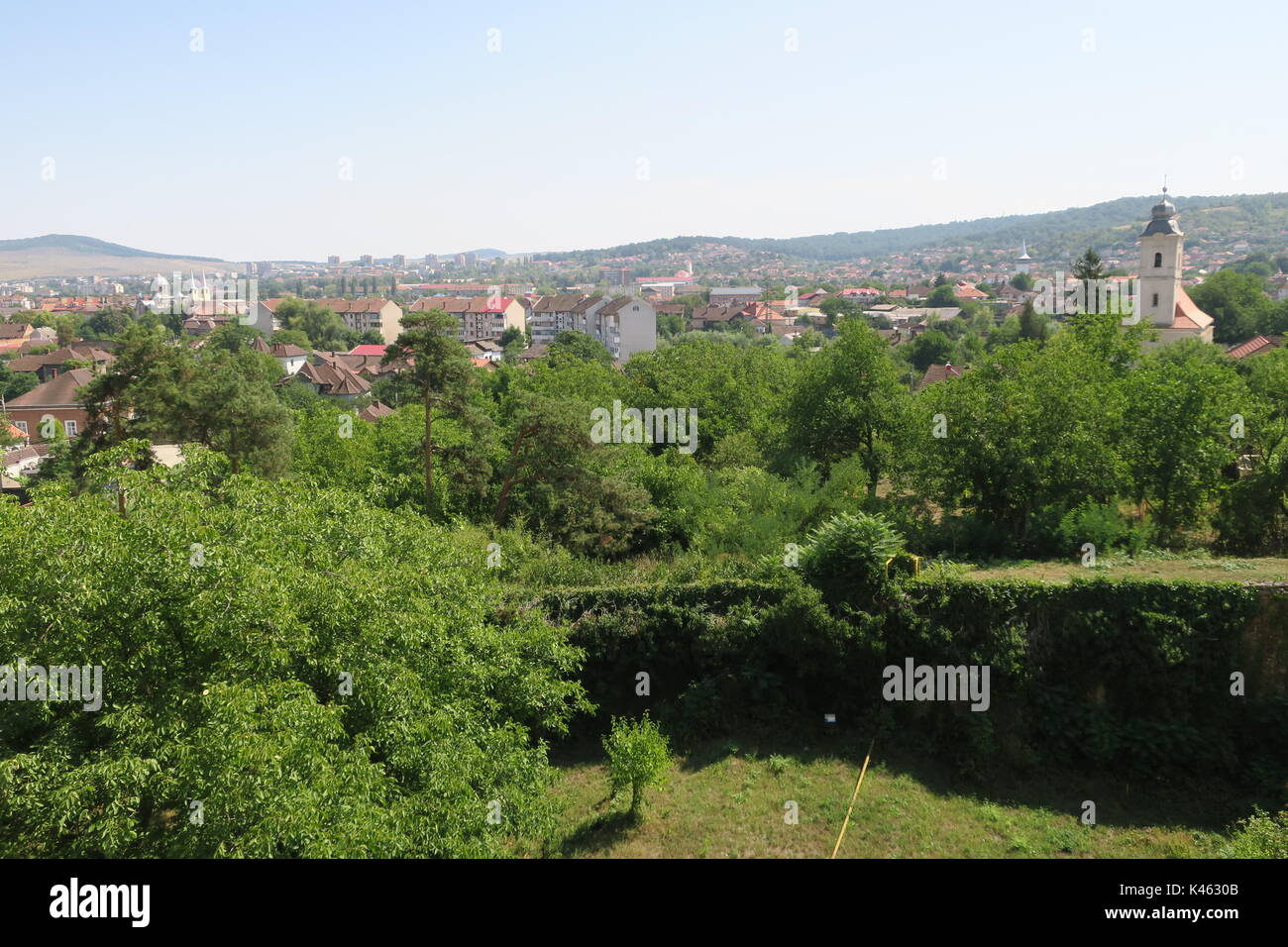 Elevated view at Hunedoara city from a balcony of Corvin castle ...