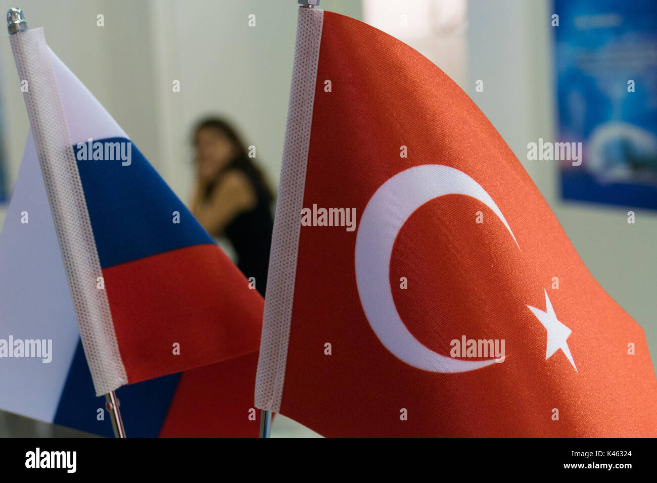 Flags of Russia and Turkey in the office and silhouette Stock Photo - Alamy