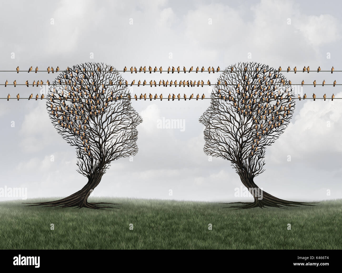 Connection Communication Network As Trees Shaped As Human Heads Connected With Birds On Wires As