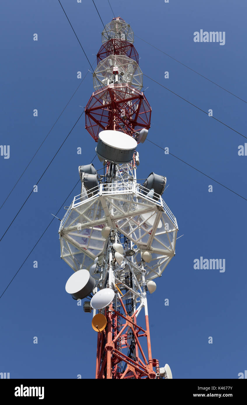 television transmitter, antenna against blue sky Stock Photo - Alamy