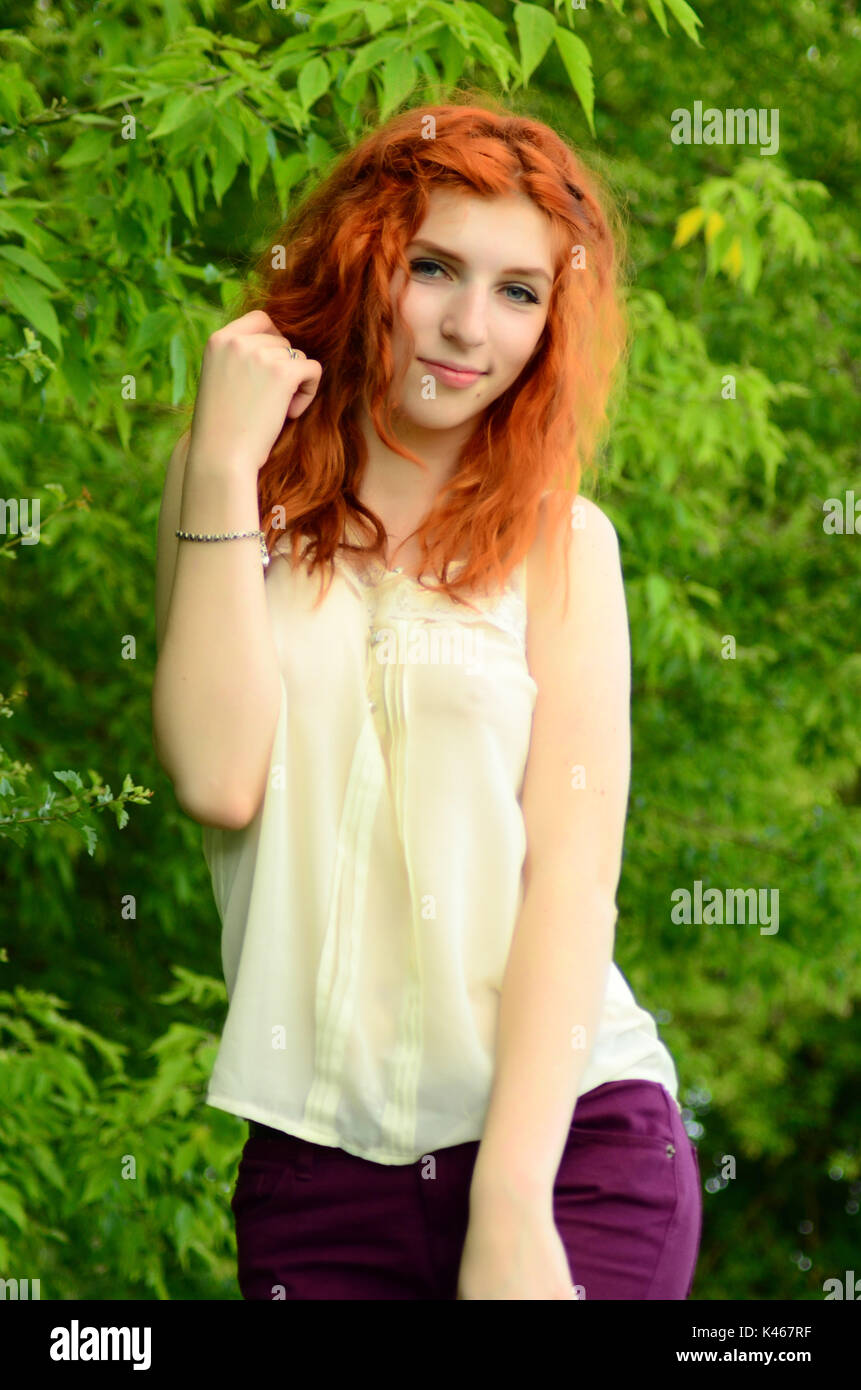A young beautiful ore girl of the Caucasian appearance is having fun ...