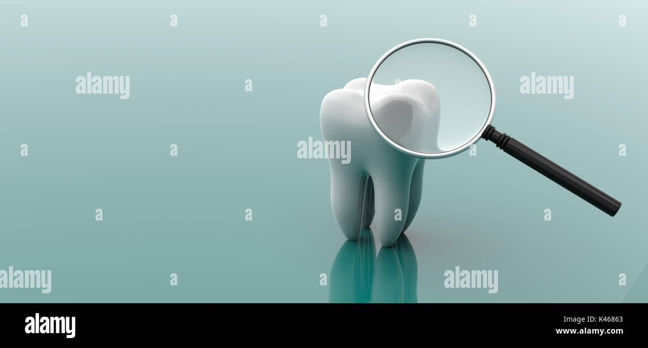 Tooth and magnifying glass isolated on green background. 3d ...