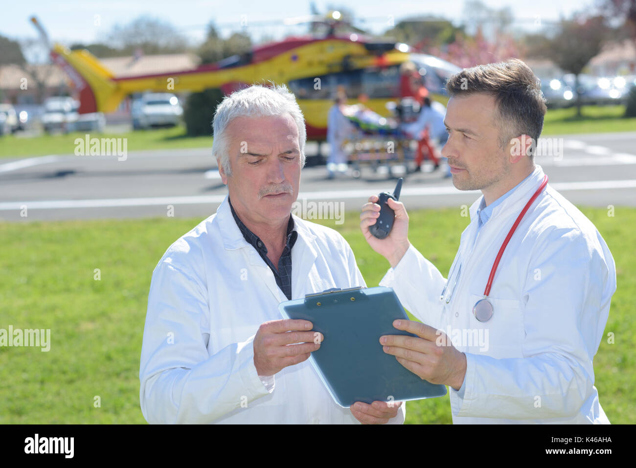 doctors preparing in the helicopter emergency medical service Stock ...
