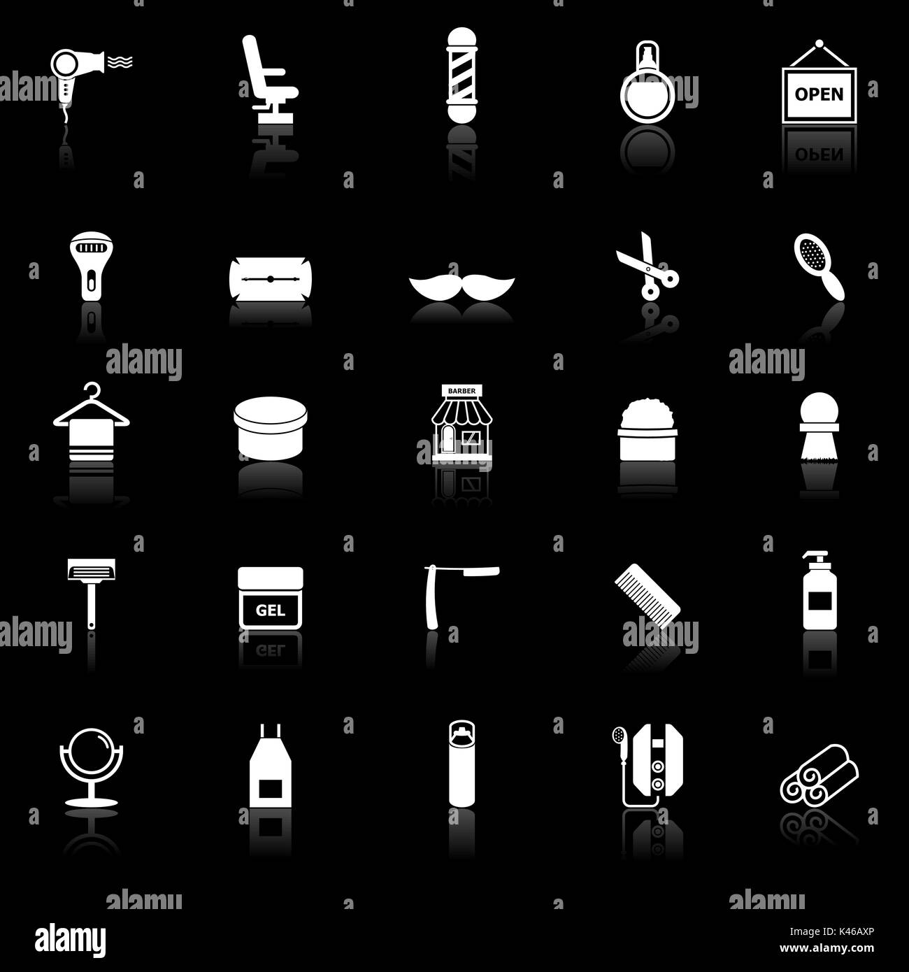 Barber icons with reflect on black background, stock vector Stock ...