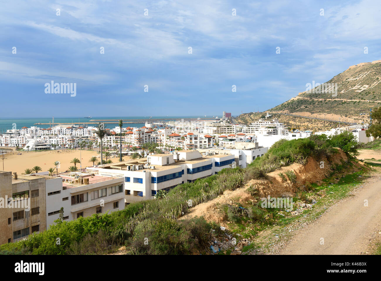 View of long, wide beach in Agadir city, Morocco Stock Photo - Alamy