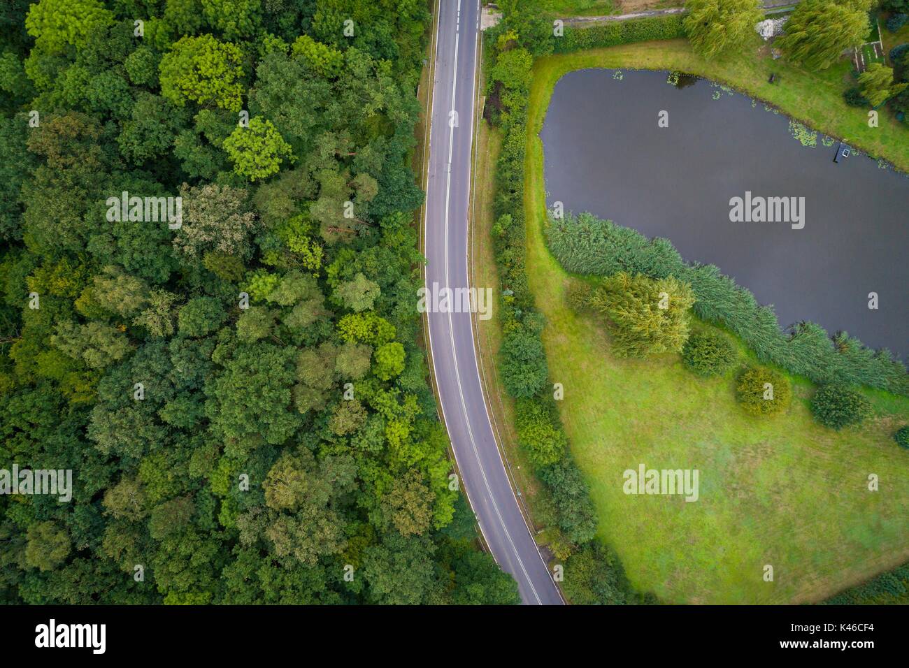 Aerial view on asphalt road through the forest Stock Photo - Alamy