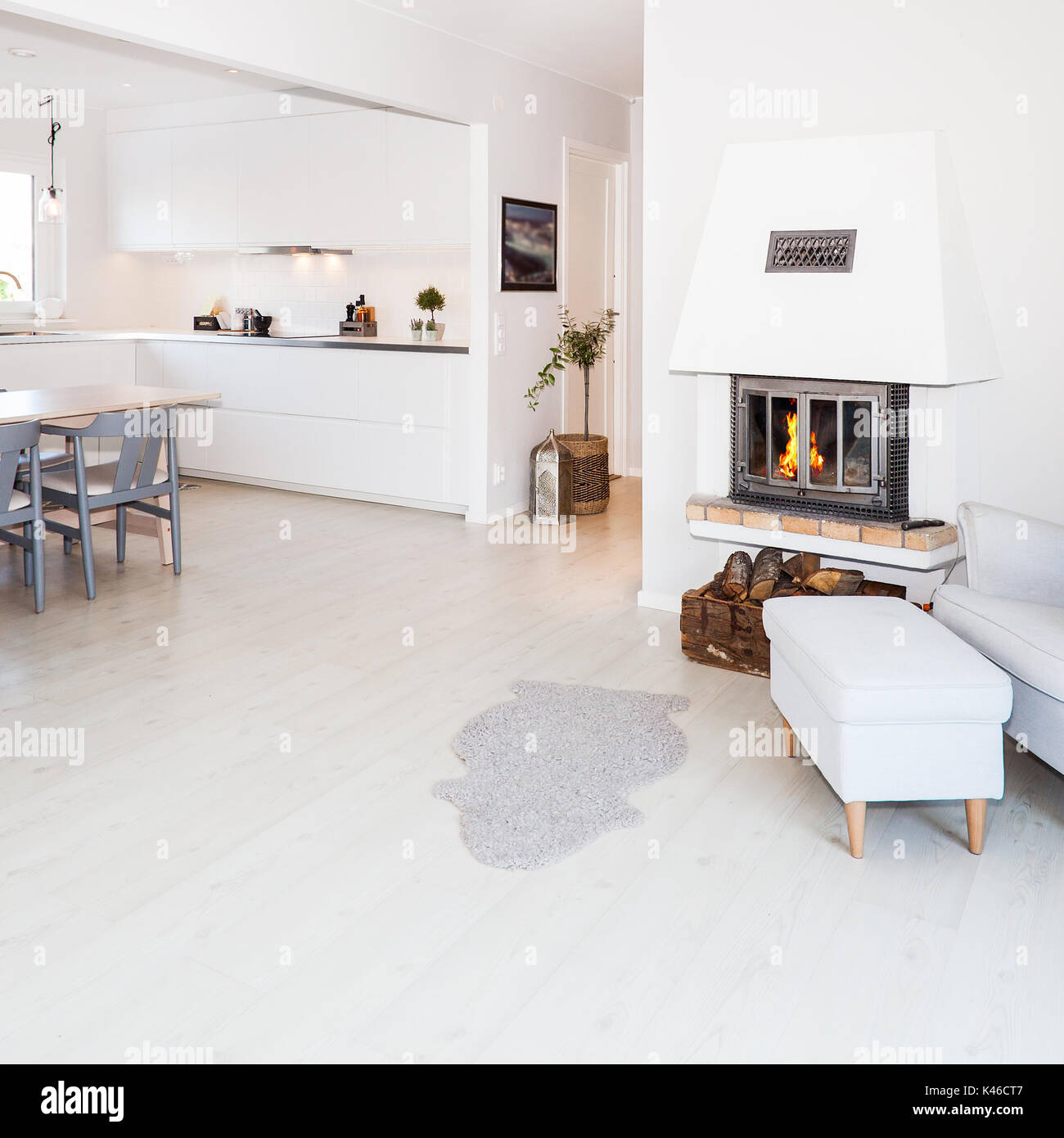 fancy livingroom with lit fire in the fireplace and the kitchen in teh ...