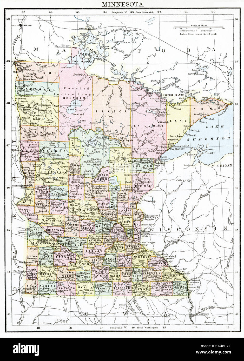 Antique map, circa 1875, of Minnesota Stock Photo - Alamy