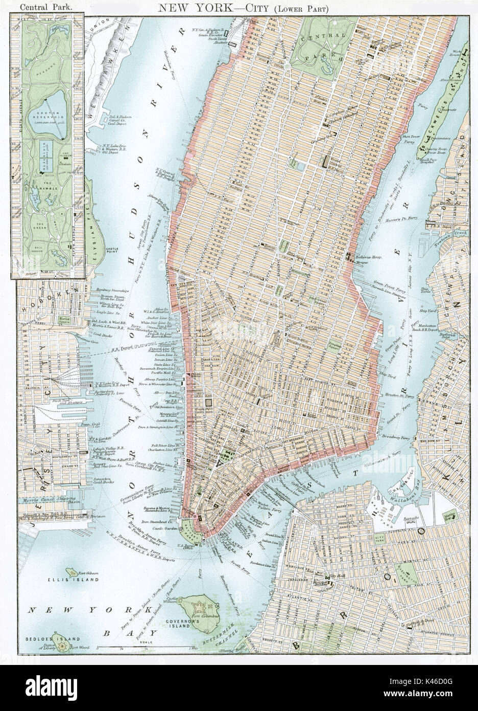 Antique map, circa 1875, of New York (City - Lower Stock Photo - Alamy