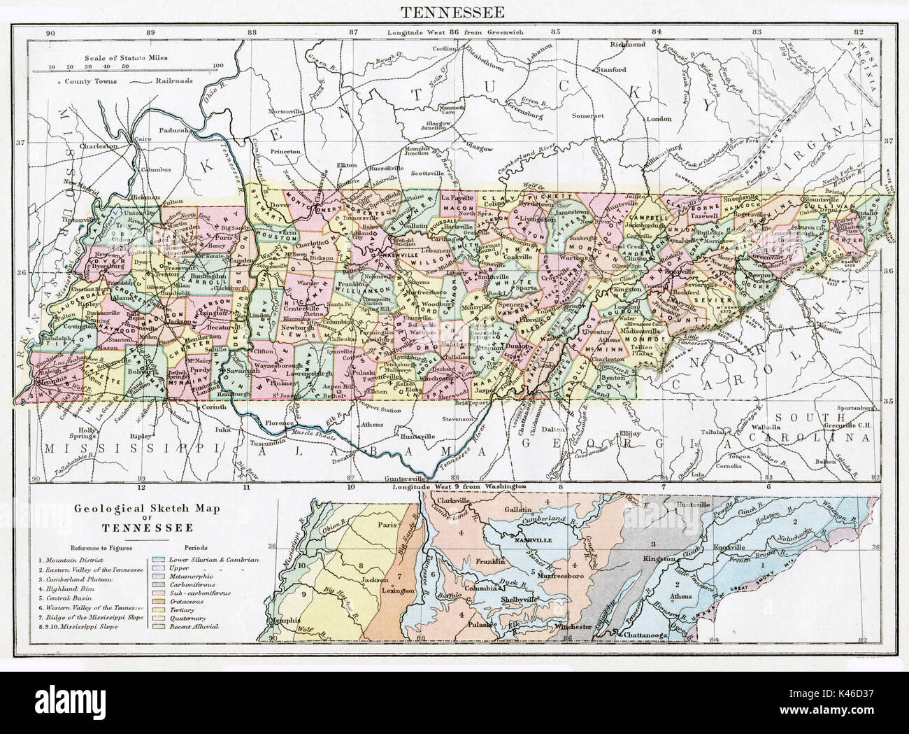 Map of tennessee, 1875 hi-res stock photography and images - Alamy