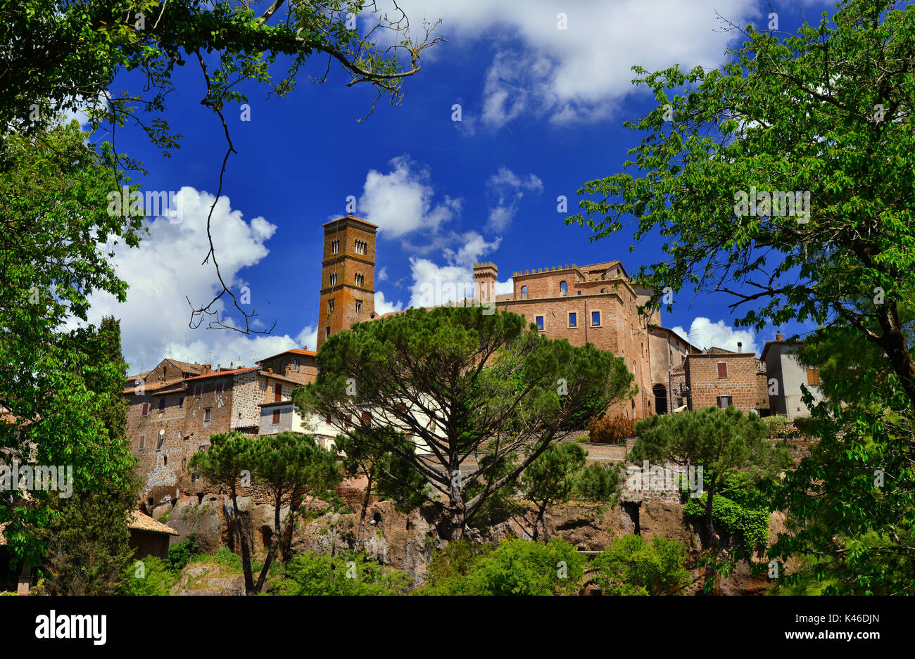 Sutri ancient medieval town near Rome, seen through the nearby woods ...