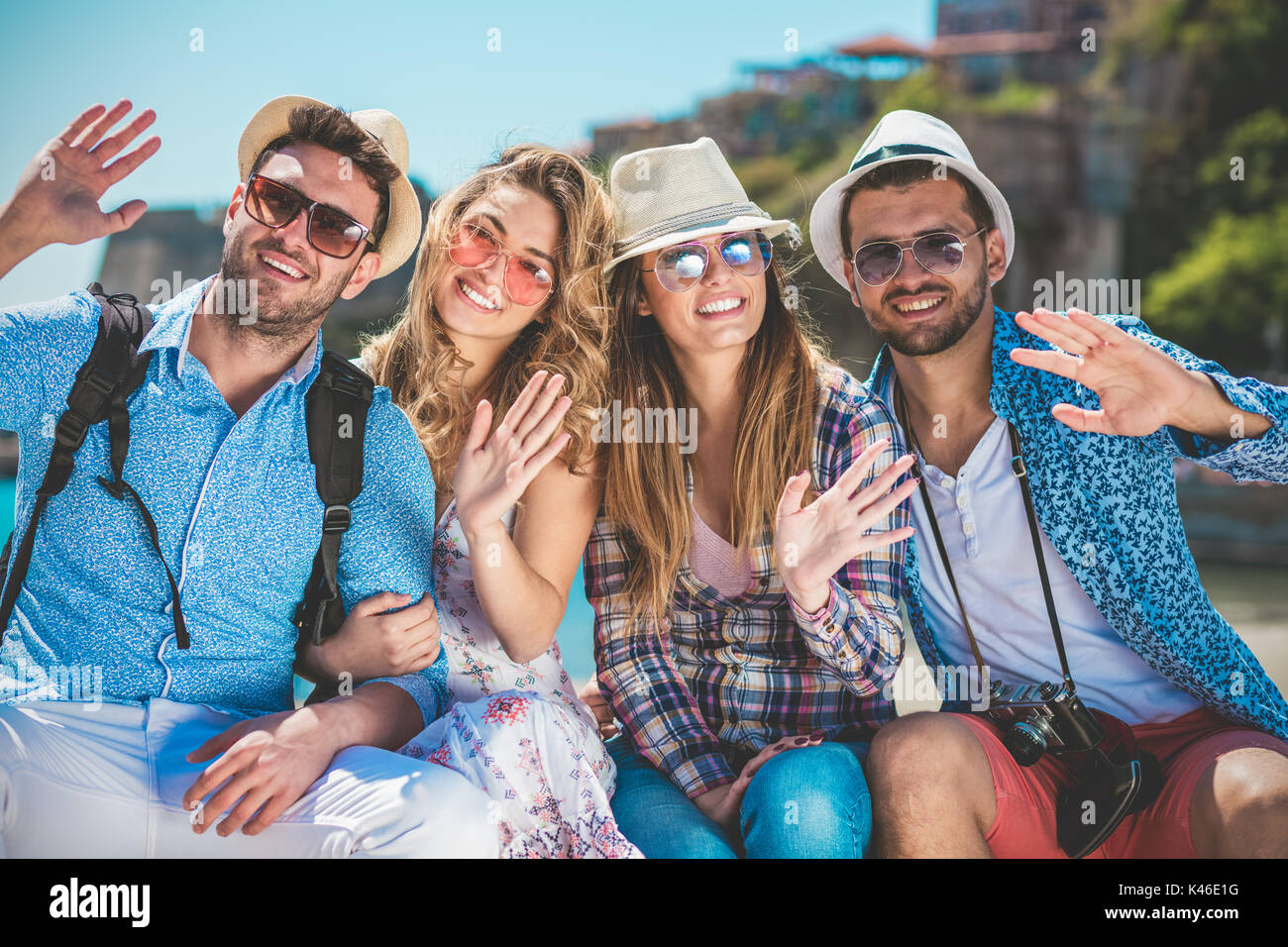 Group of friends taking funny portraits outdoor Stock Photo - Alamy