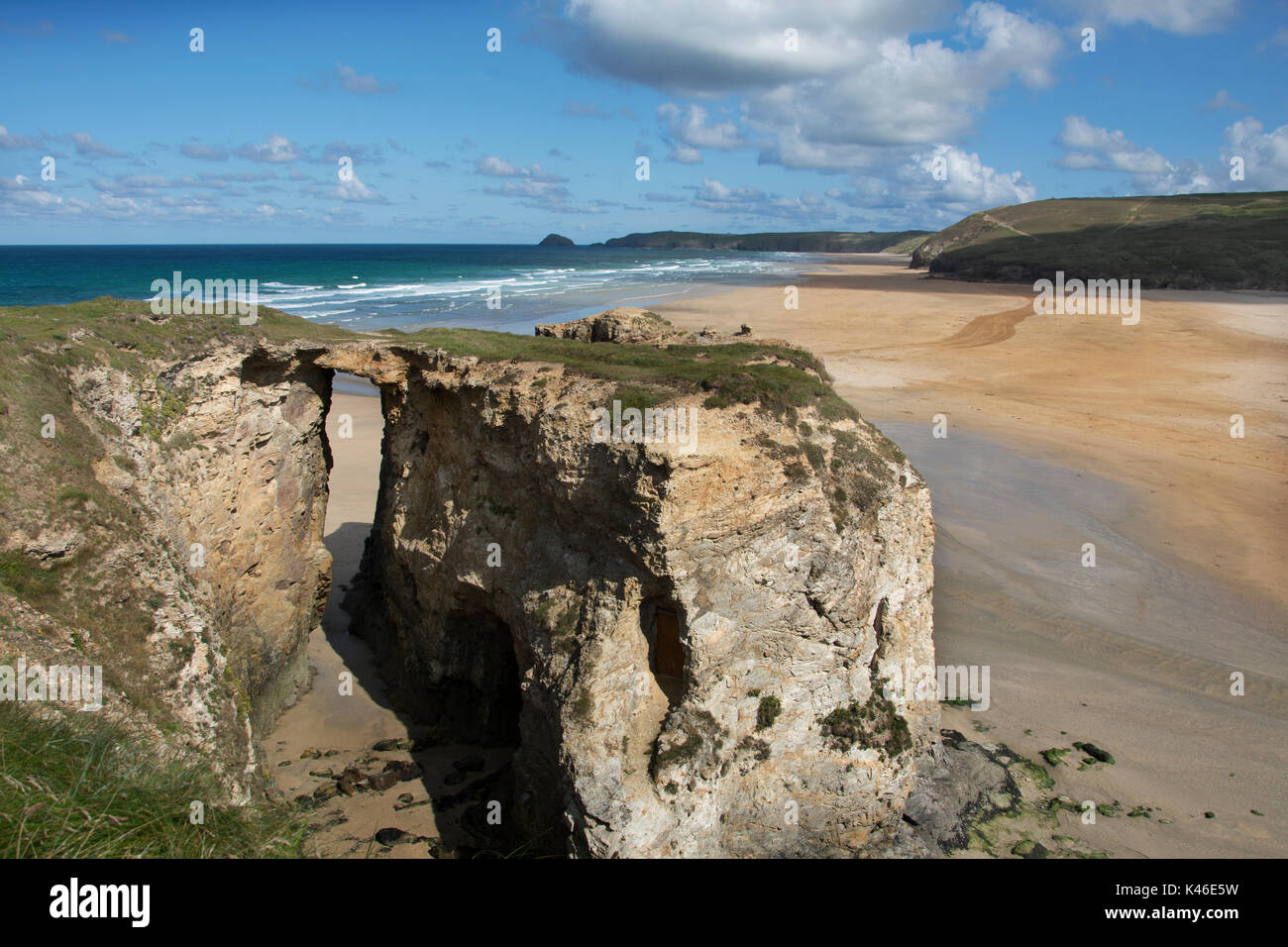 A view over chapel rock along the miles of sandy beaches of perranporth ...