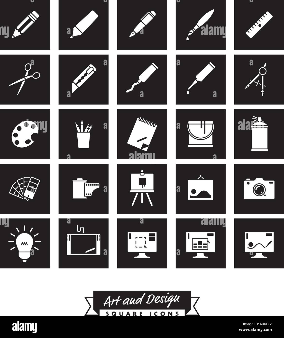 Collection of 25 square black art and design related vector icons Stock ...