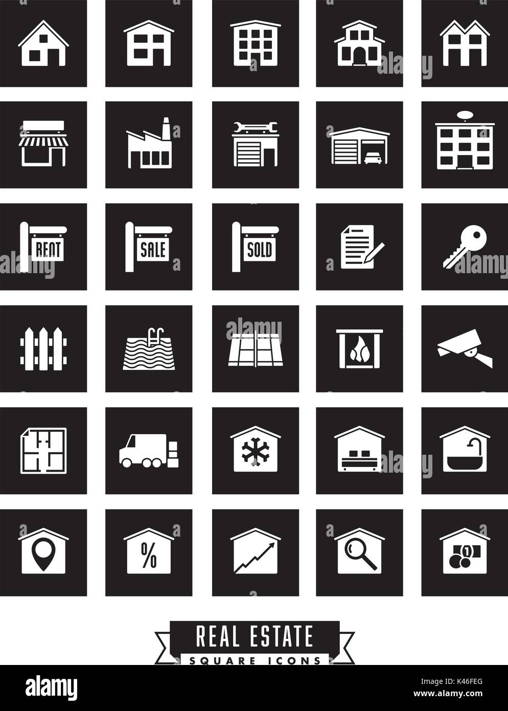 Collection of real estate square black icons on white background Stock ...