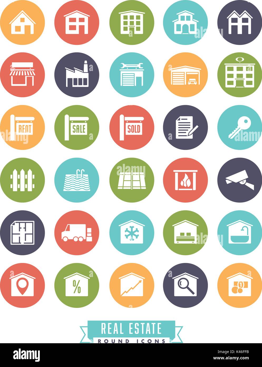Collection of real estate round color icons on white background Stock ...