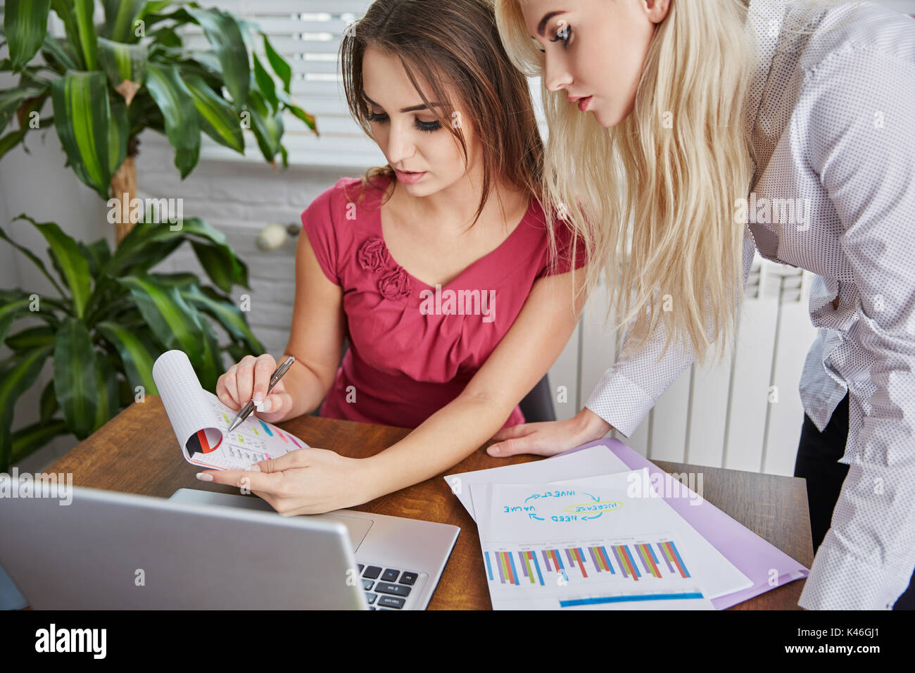 Close up portrait of two businesswomen working at home on important ...