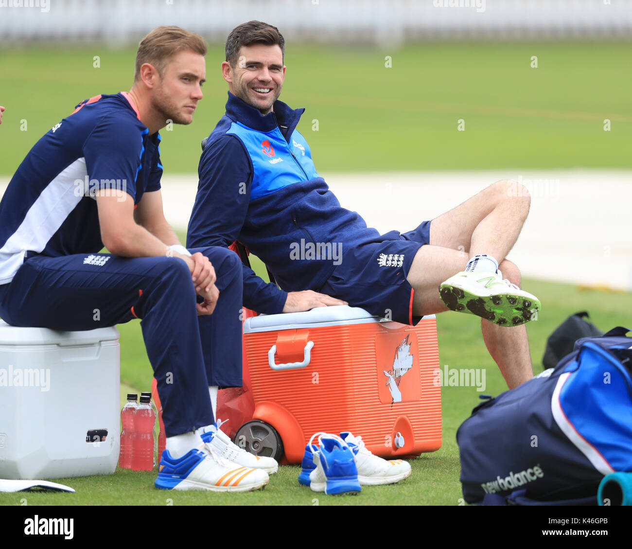 England's Stuart Broad (left) and James Anderson (right) during the ...