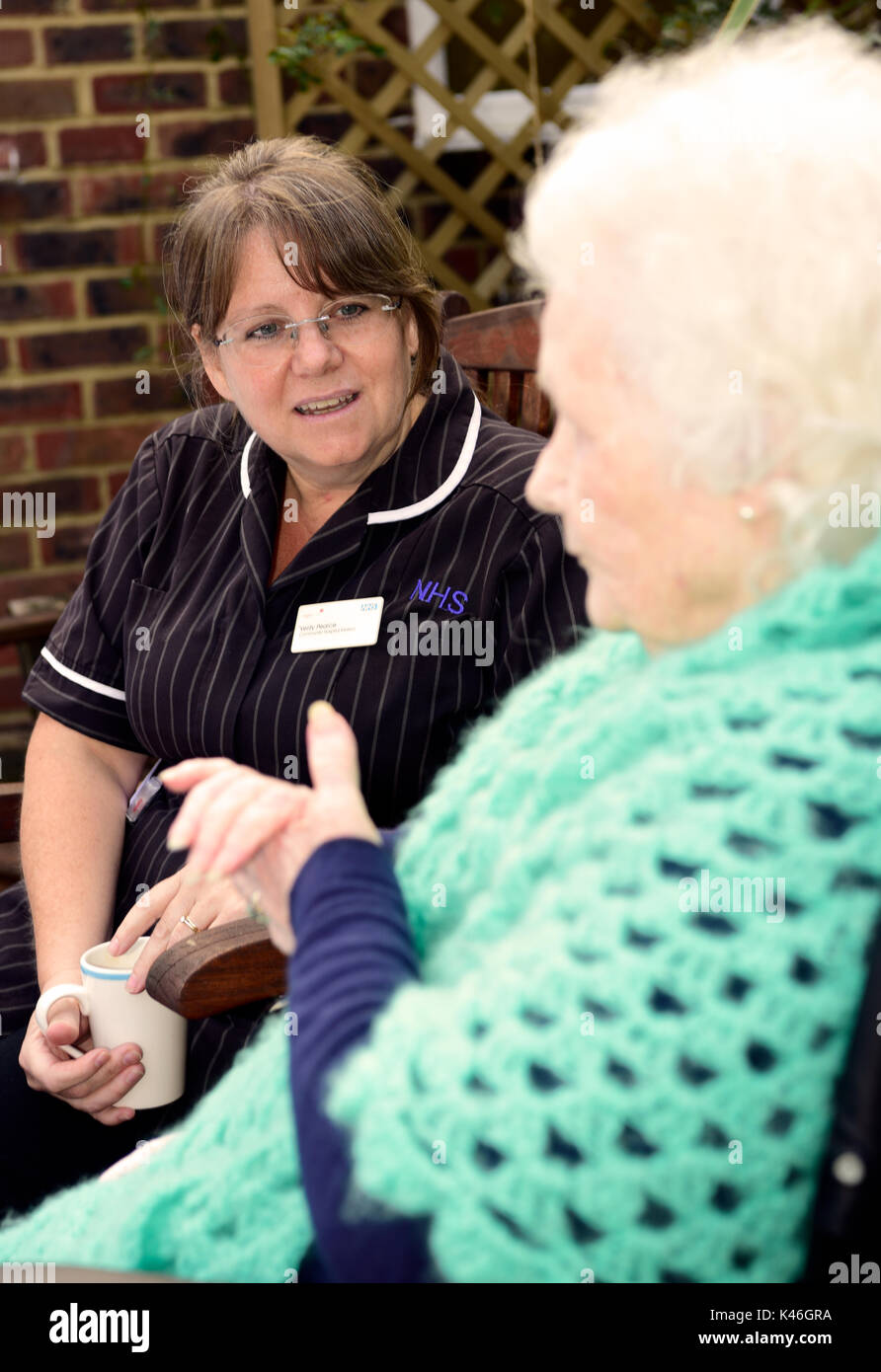 Community Hospital Matron having tea and a chat with elderly patient in ...