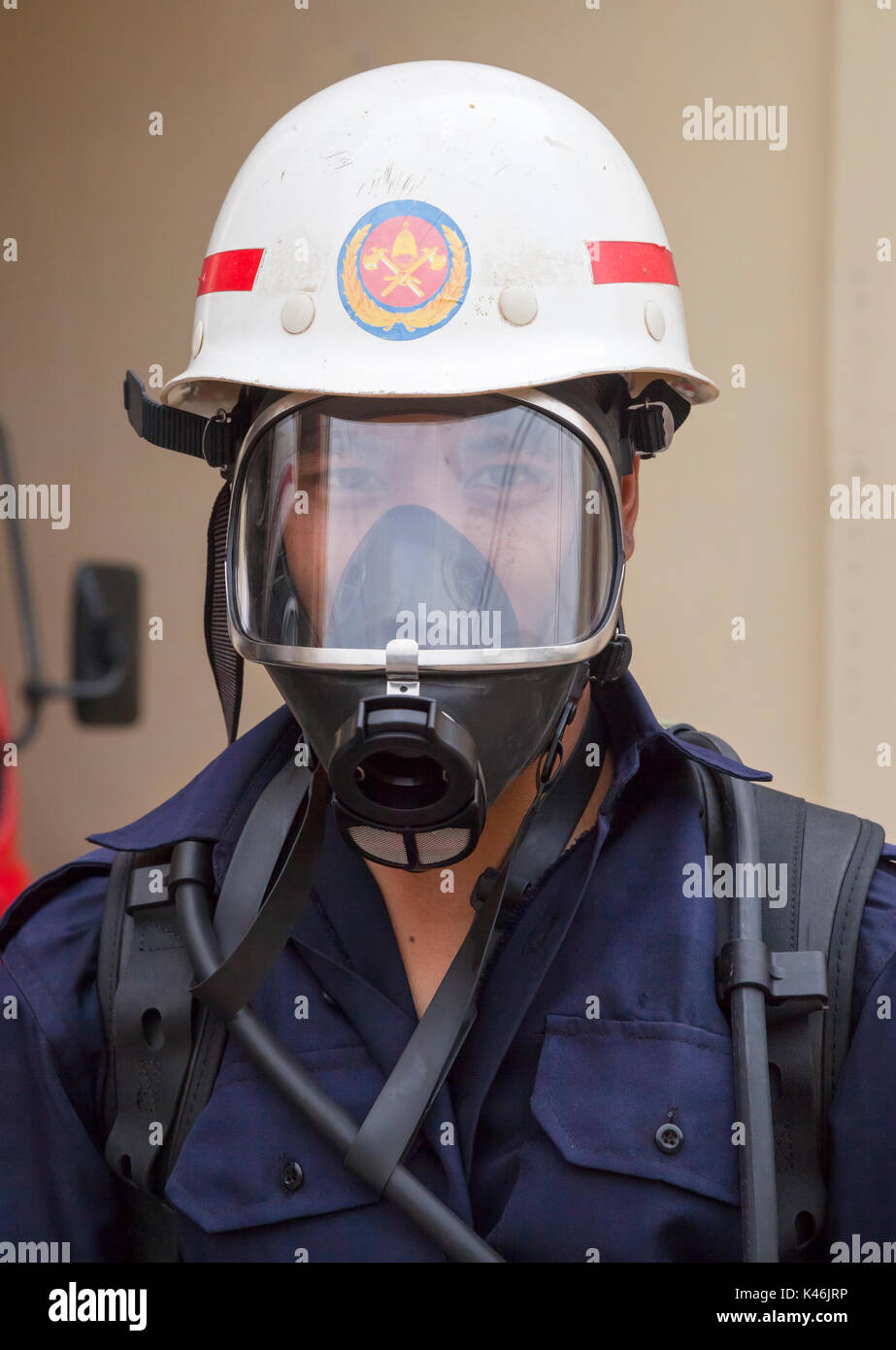 Myanmar firemen with breathing apparatus on weekly practice drill ...