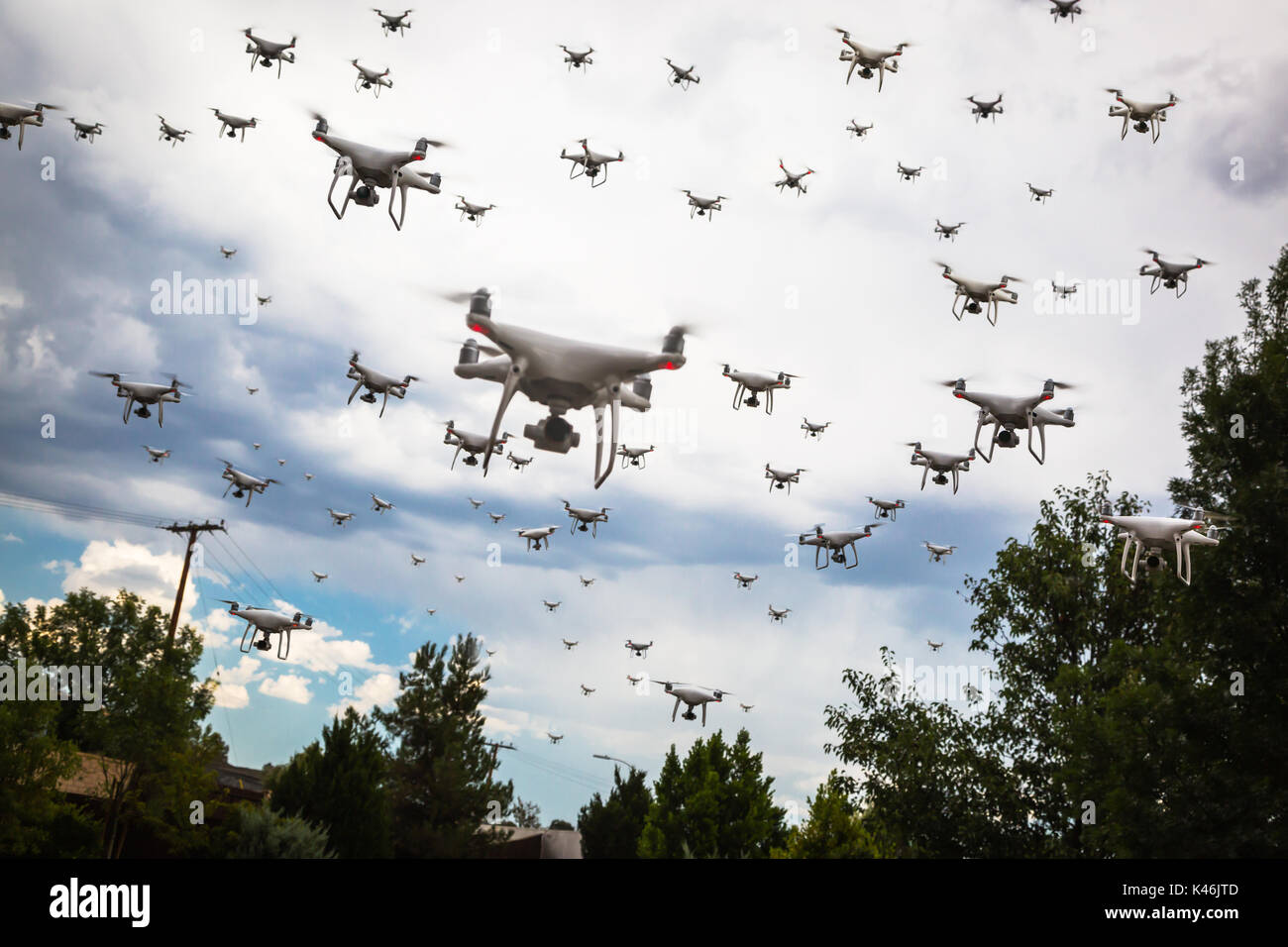 Dozens of Drones Swarm in the Cloudy Sky Stock Photo - Alamy