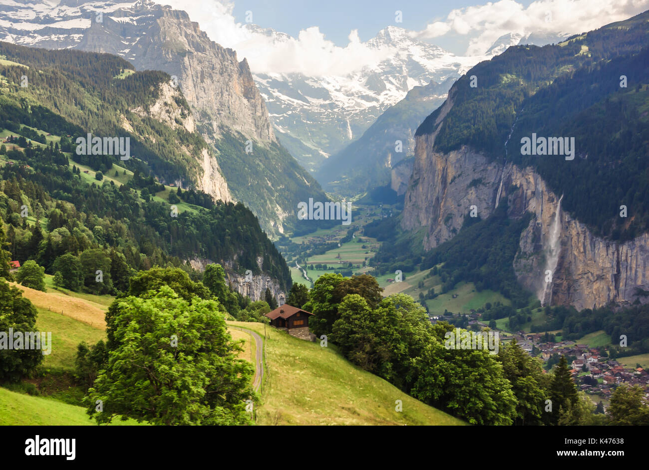 Stunning Lauterbrunnen valley rural view, bird eye view from Murren ...