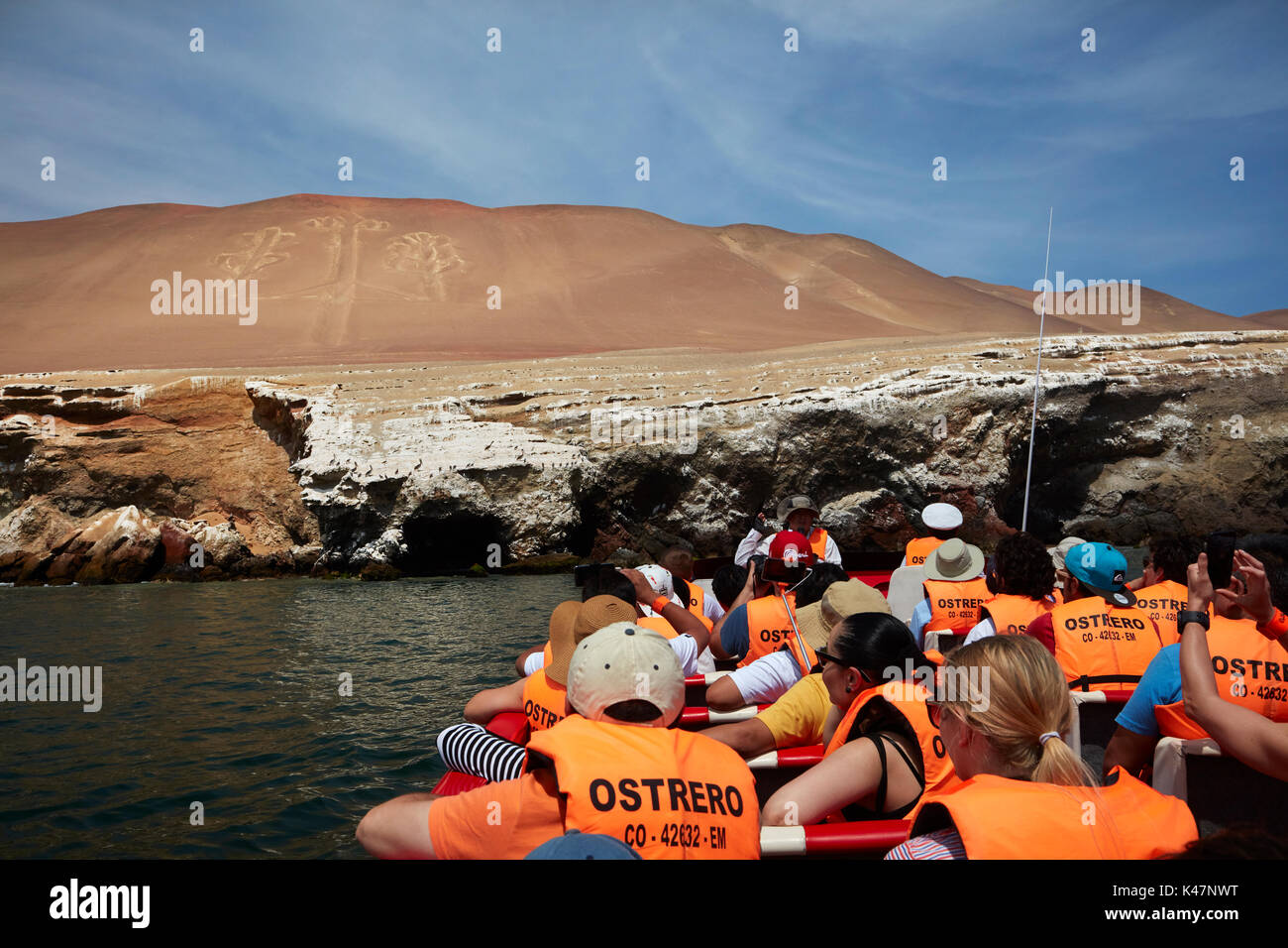 Candelabra Geoglyph, and tourist boat, Paracas Peninsula, Paracas ...