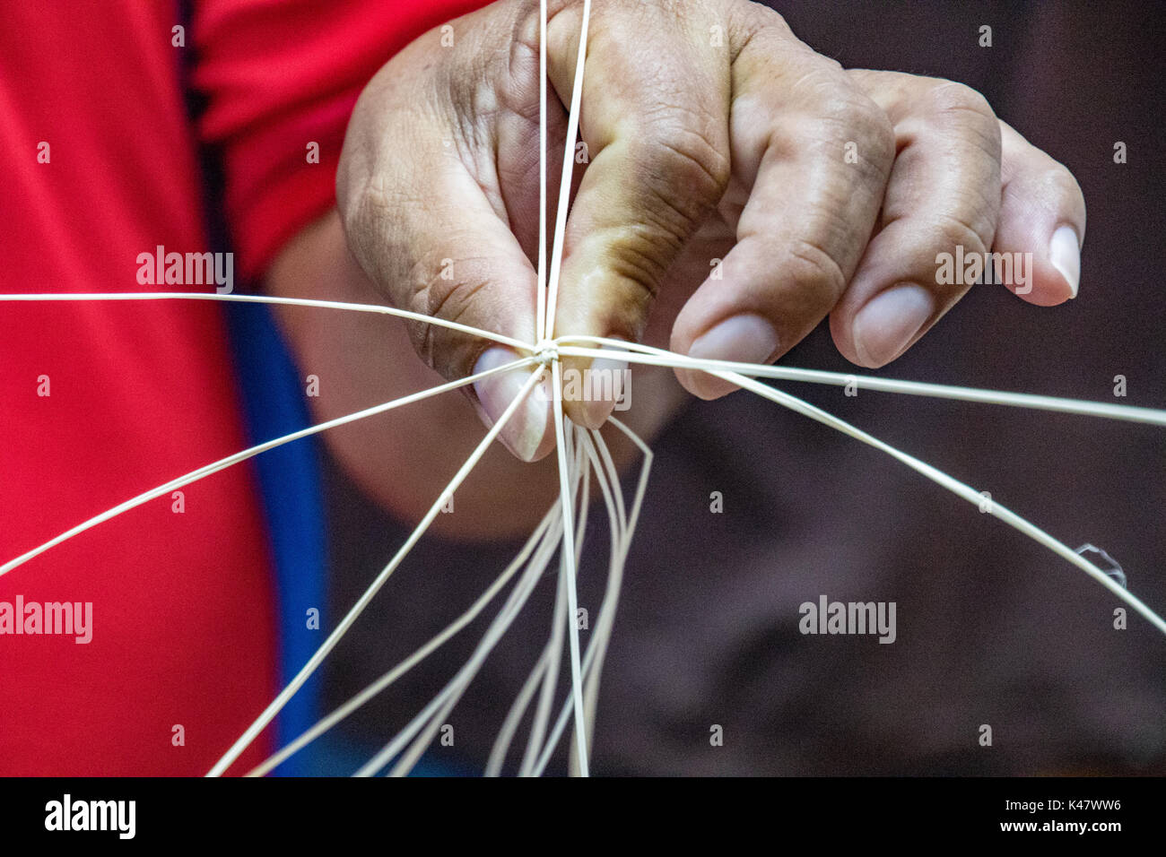 Puerto Lopez, Ecuador - Aug 19, 2016: Man demonstrates center knot of ...