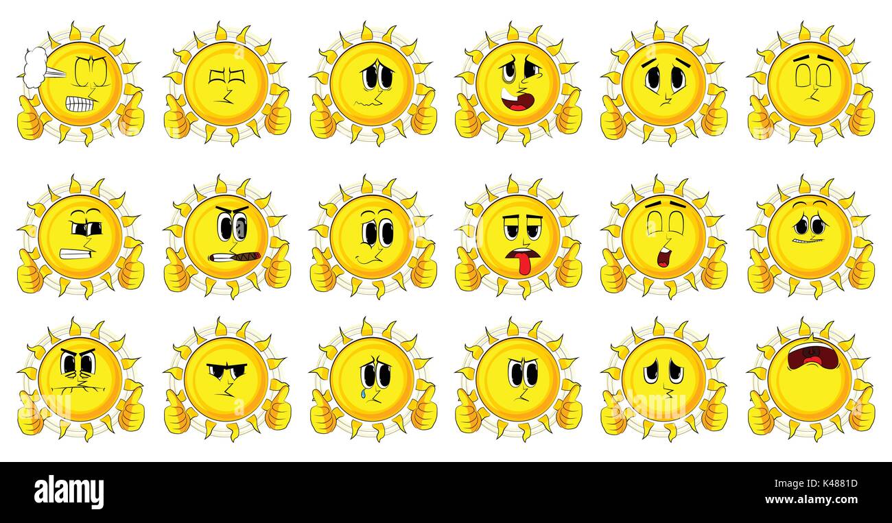 Cartoon sun making thumbs up sign with two hands. Collection with sad ...