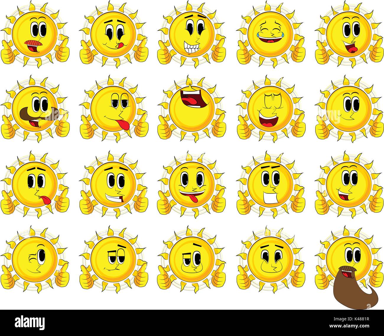 Cartoon sun making thumbs up sign with two hands. Collection with happy ...
