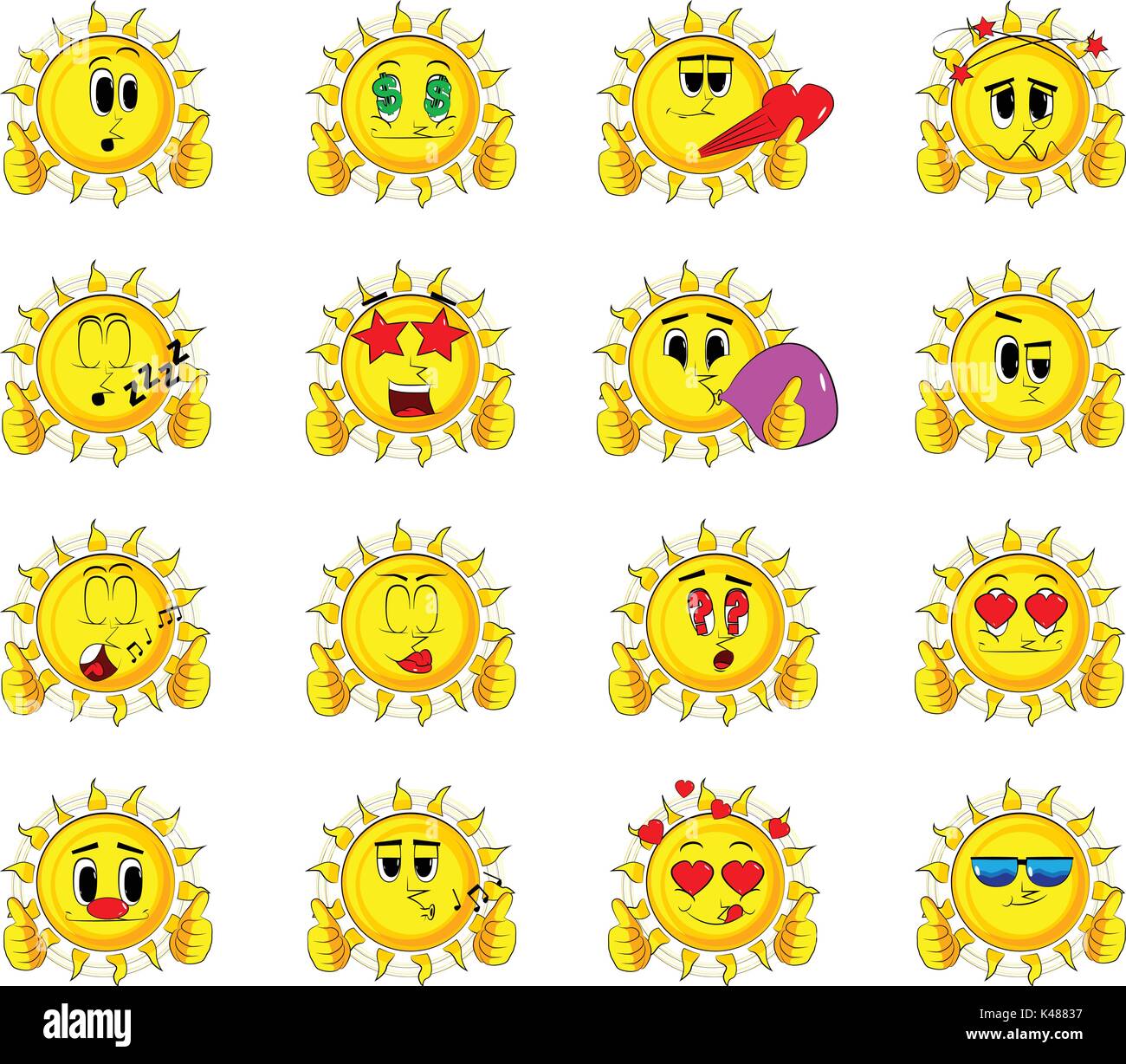 Cartoon sun making thumbs up sign with two hands. Collection with ...