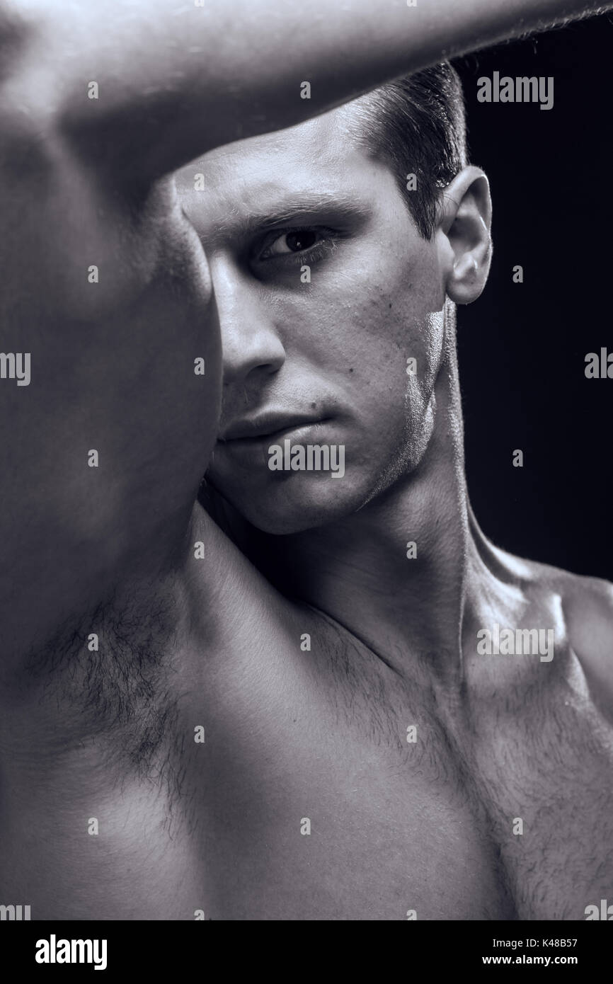Caucasian one young adult man, muscular fitness model, head face ...