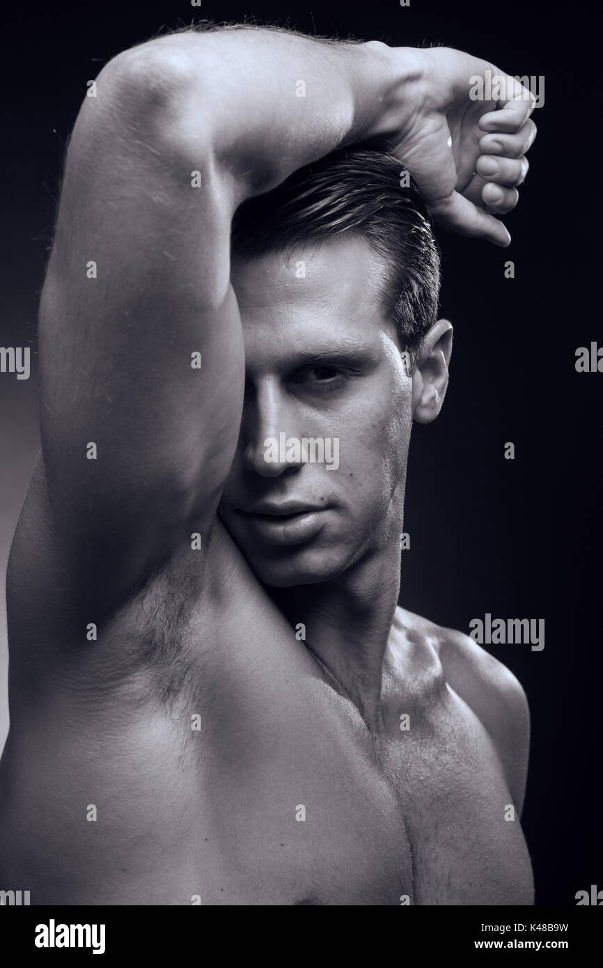 Caucasian one young adult man, muscular fitness model, head face ...