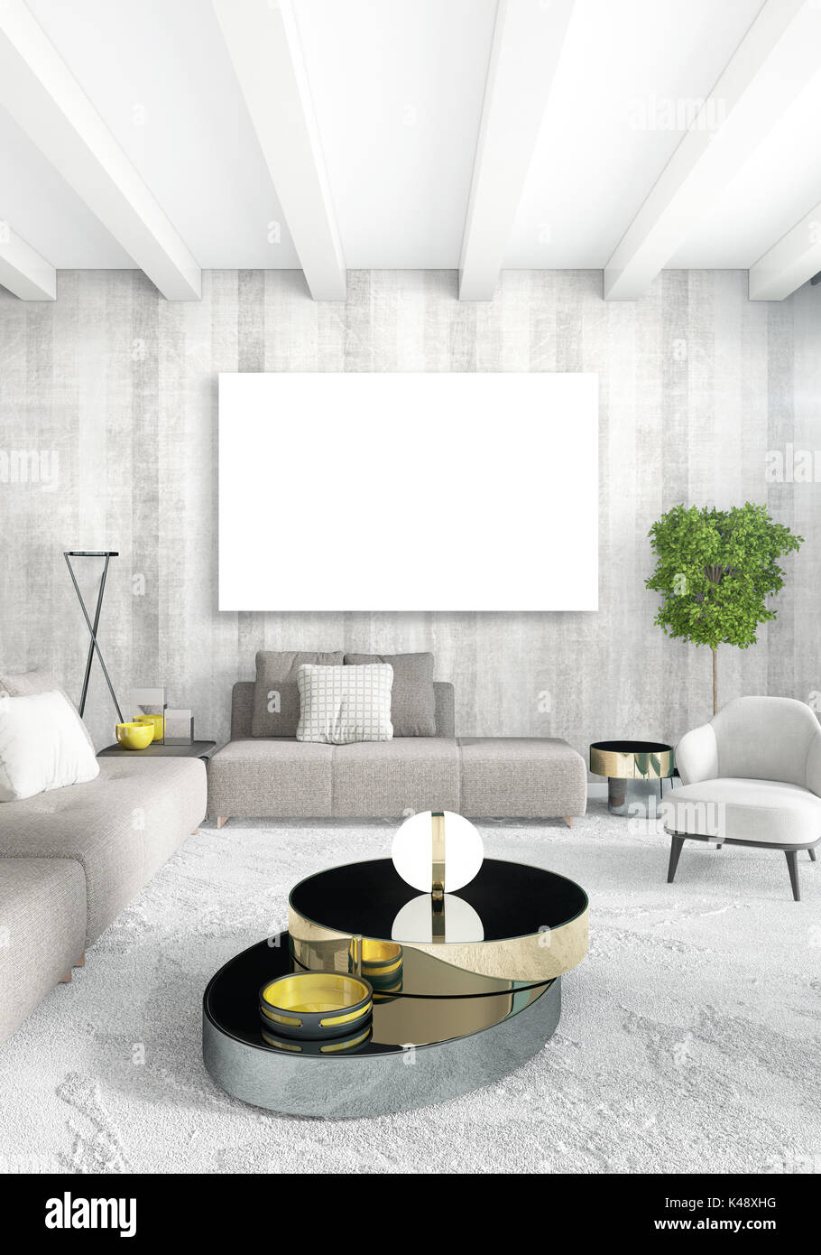 Vertical modern interior bedroom or living room with eclectic wall and ...