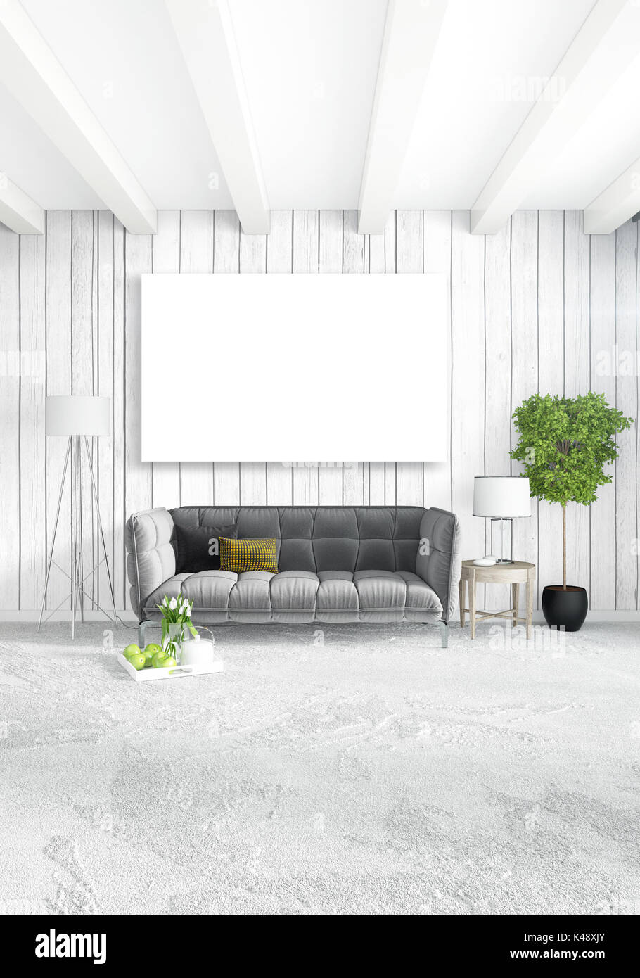 Vertical modern interior bedroom or living room with eclectic wall and ...