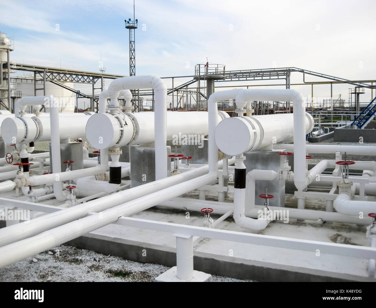 Heat exchangers in a refinery. The equipment for oil refining Stock ...