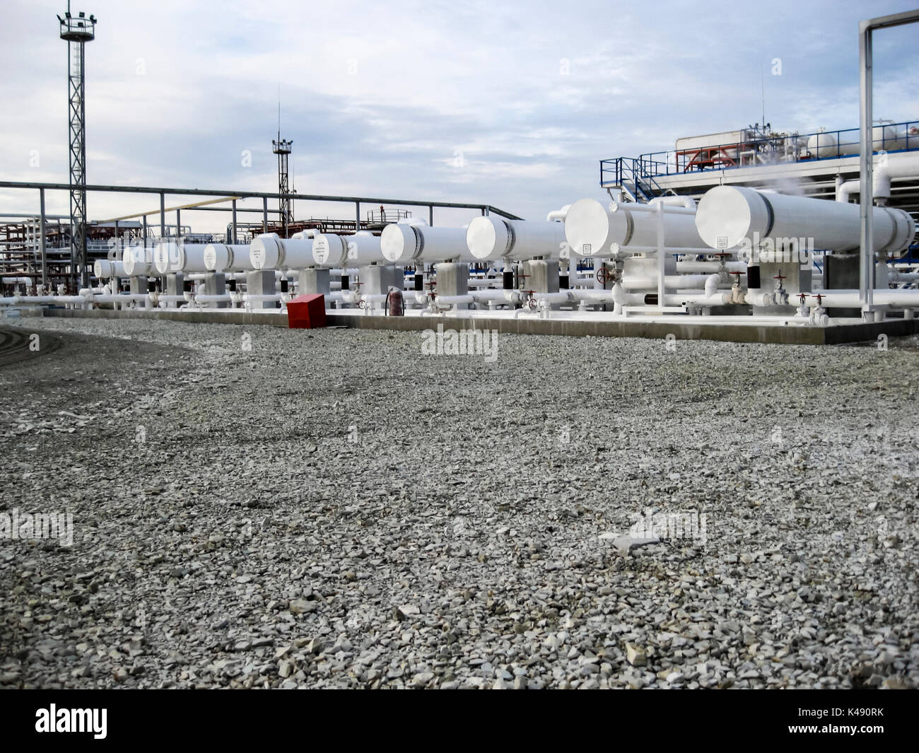 Heat exchangers in a refinery. The equipment for oil refining Stock ...