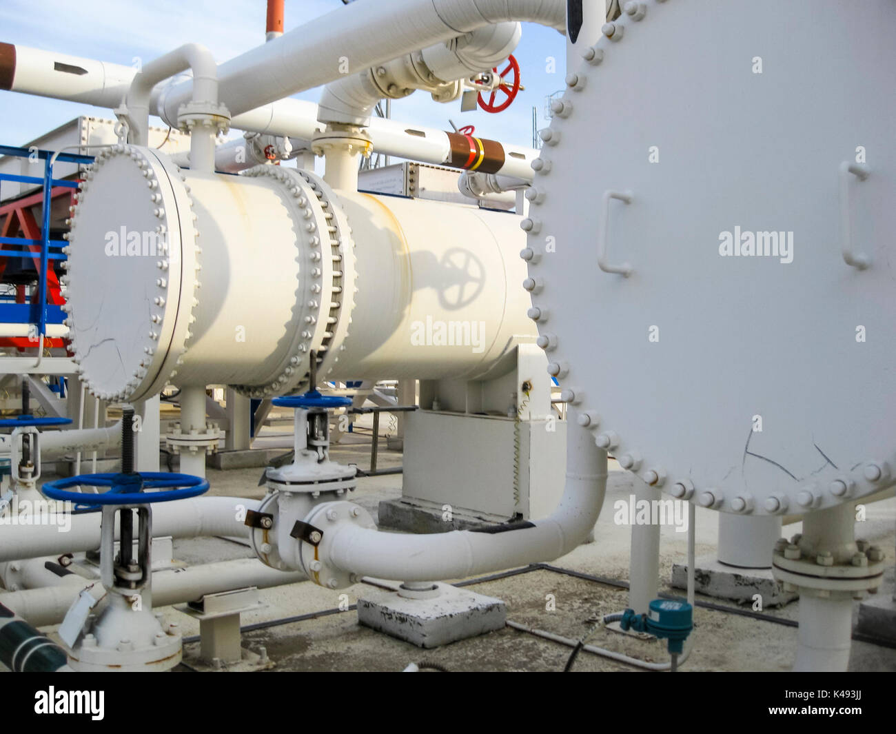 Heat exchangers in a refinery. The equipment for oil refining Stock ...